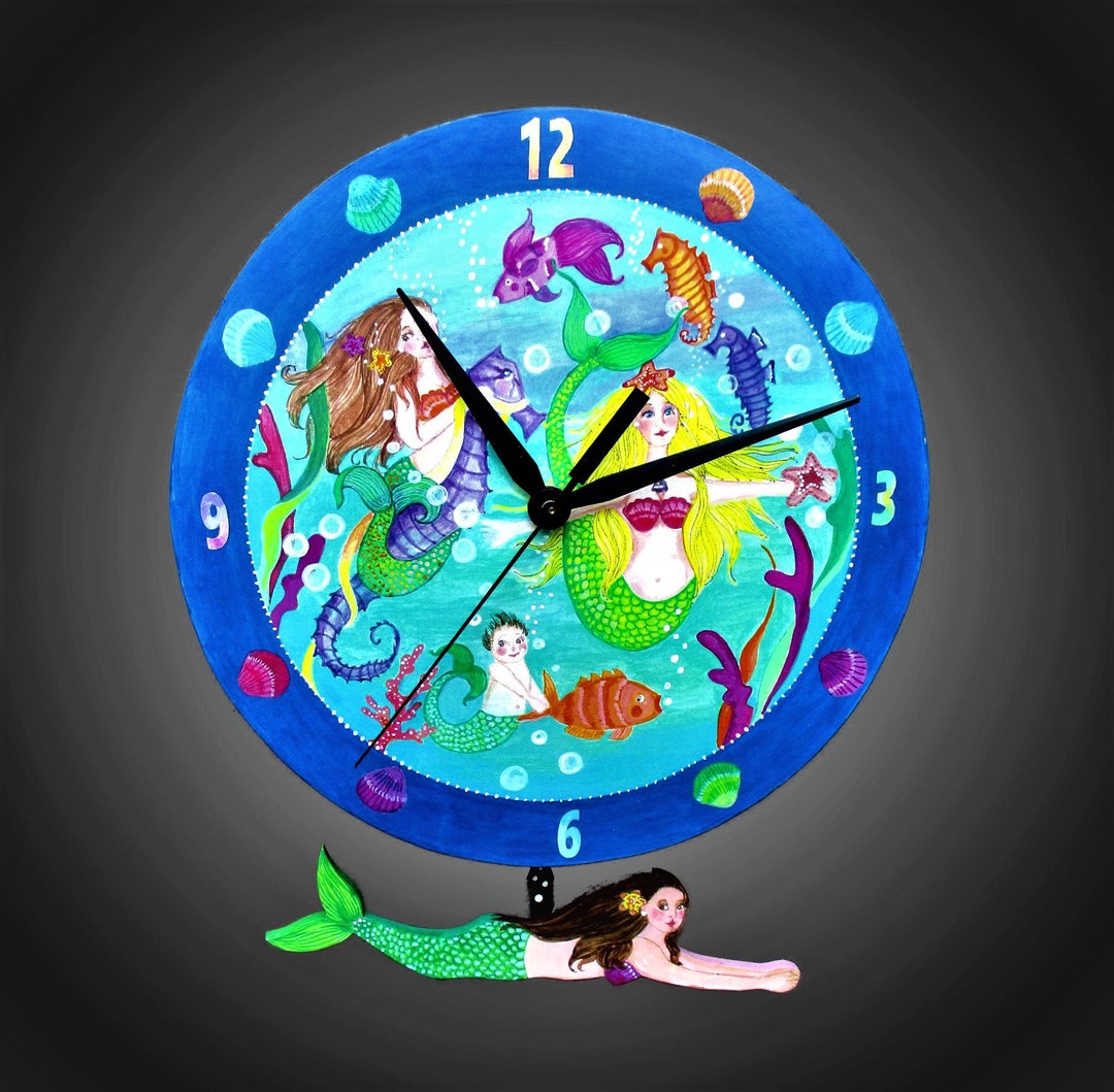 Mermaids Party Pendulum Clock With Baby Mermaids and Swimming Mermaid ...