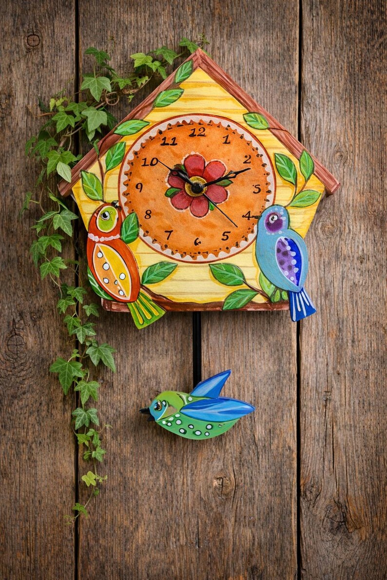 Whimsical Bird House Clock: Hand-painted Pendulum Wall Art - Etsy