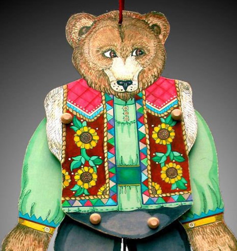 Brown Bear Folk Art Style Jumping Jack Pull String Puppet - Etsy