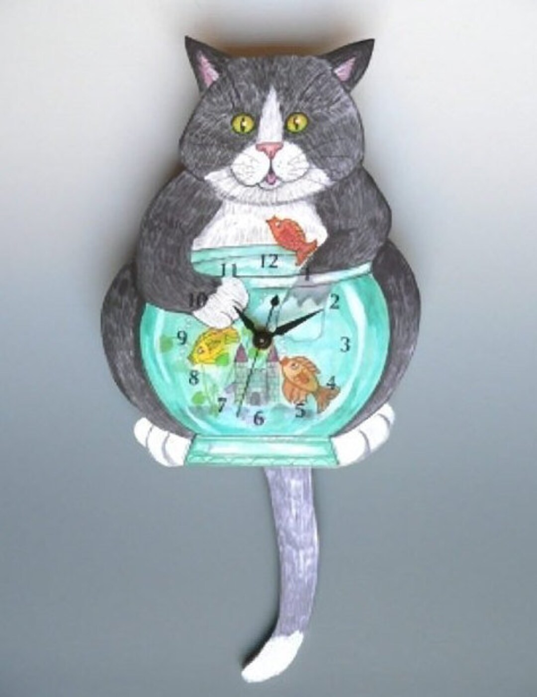 Whimiscal Tuxedo Fishing Cat Clock With Goldfish Bowl and Swinging Tail ...