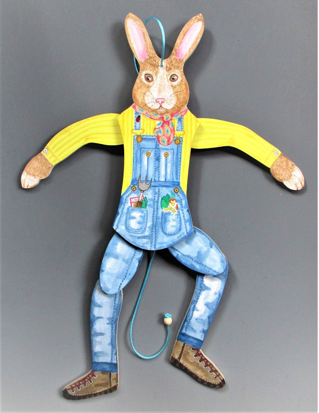 Gardener Rabbit Jumping Jack Pull String Puppet Whimiscal Wall Decor - Etsy