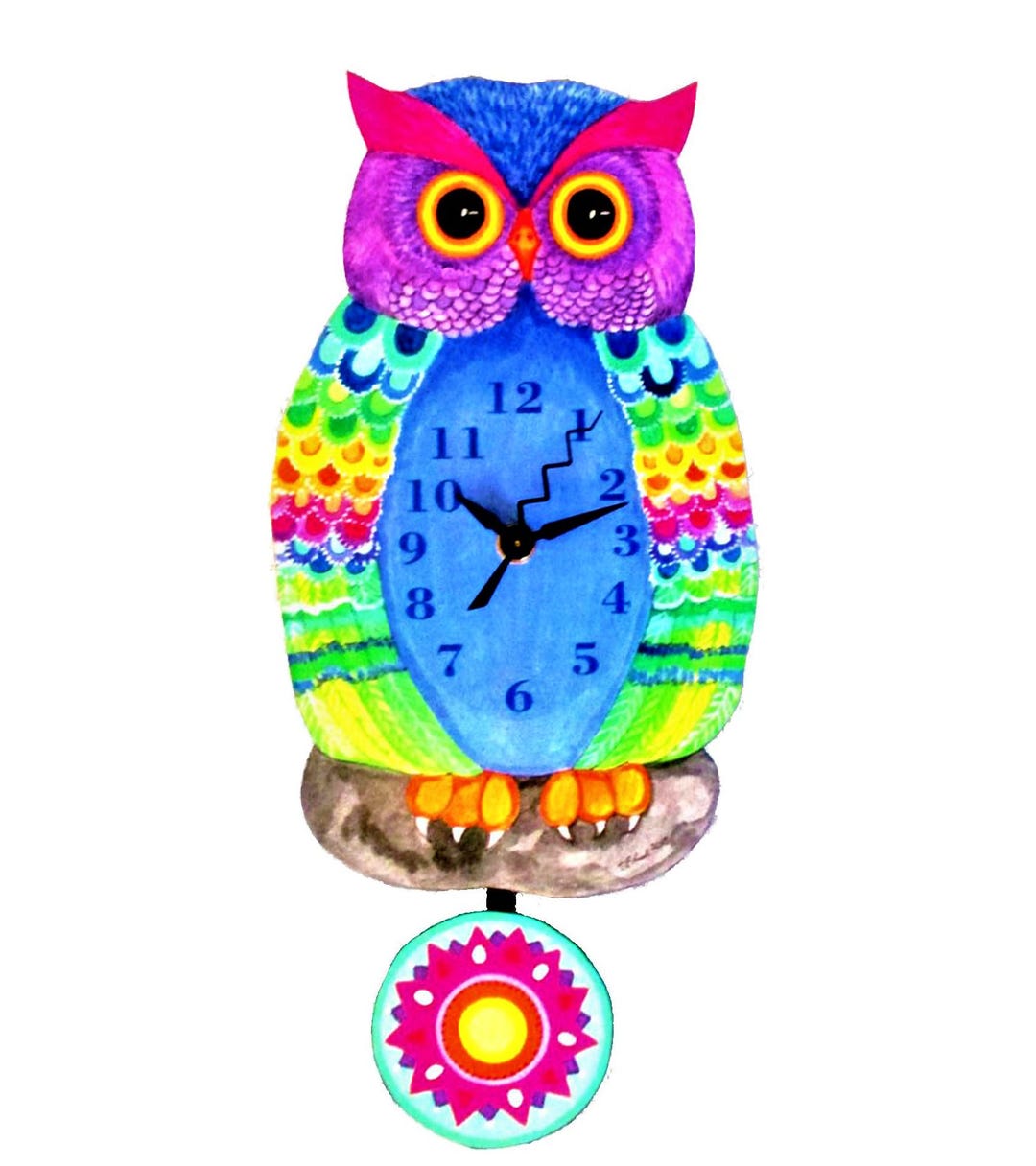 Blue Rainbow Owl With Rainbow Feathers Pendulum Clock-modern Woodland ...