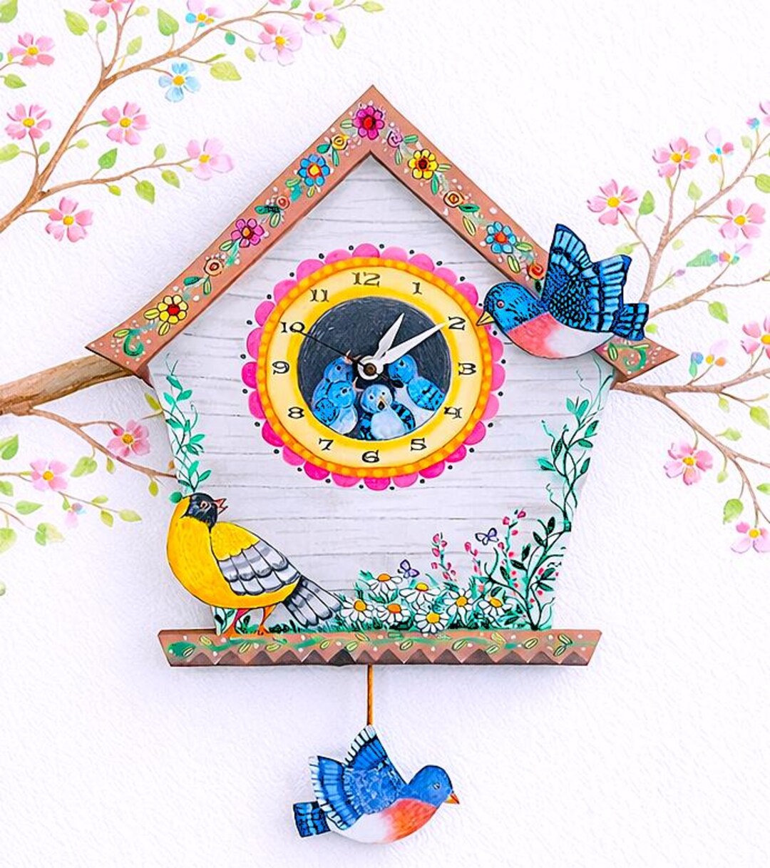 Rustic Bird House Pendulum Clock: Nursery Decor, Hand-painted Details ...