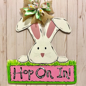 Hop on in Easter Bunny Door Hanger, Welcome Wood Door Sign, Custom ...
