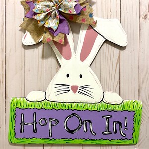 Hop on in Easter Bunny Door Hanger, Welcome Wood Door Sign, Custom ...