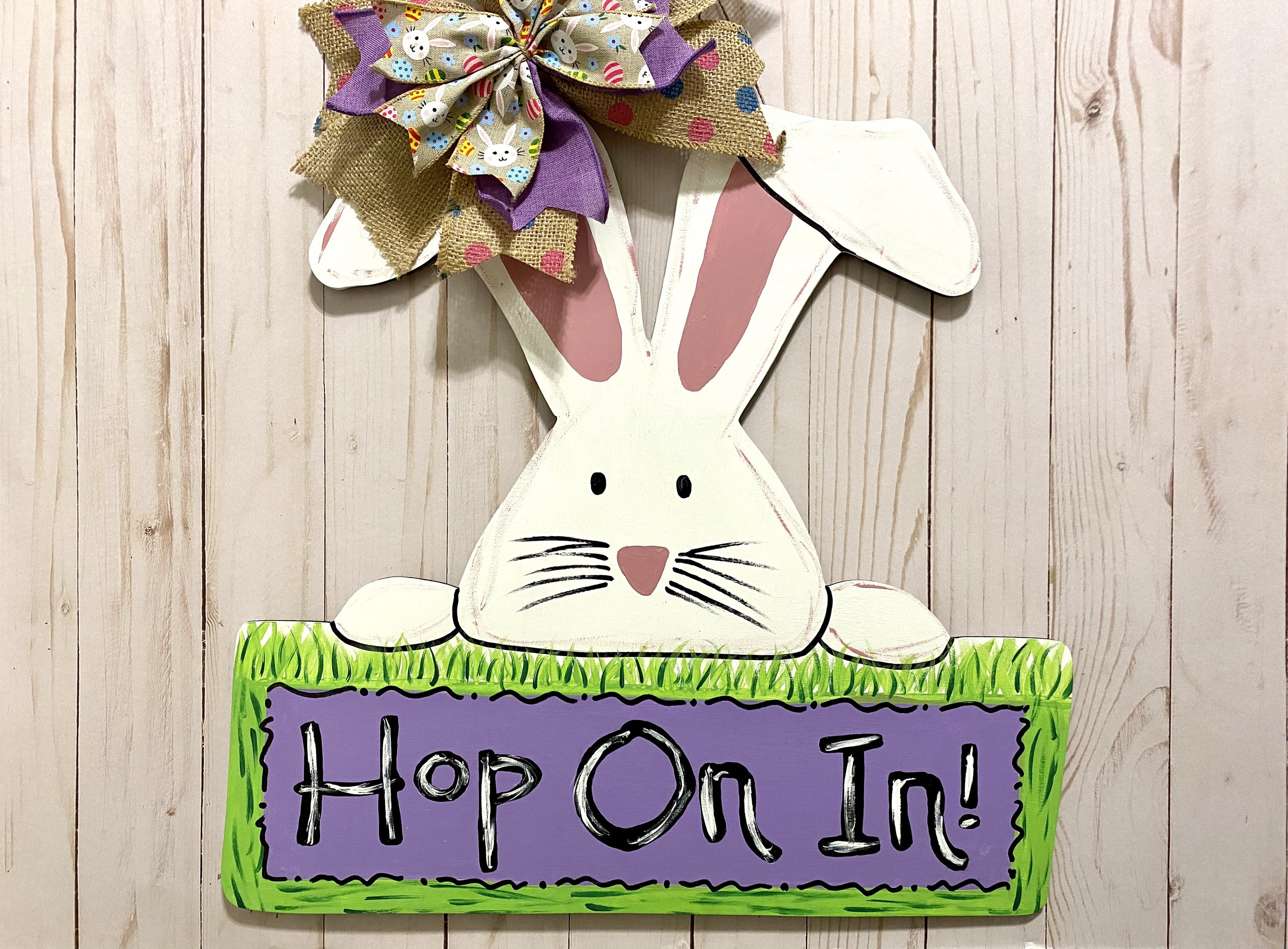 Hop on in Easter Bunny Door Hanger, Welcome Wood Door Sign, Custom ...