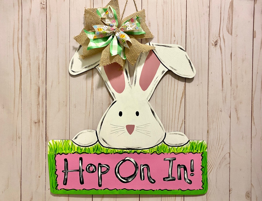 Hop on in Easter Bunny Door Hanger, Welcome Wood Door Sign, Custom ...