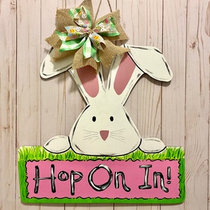 Hop on in Easter Bunny Door Hanger, Welcome Wood Door Sign, Custom ...