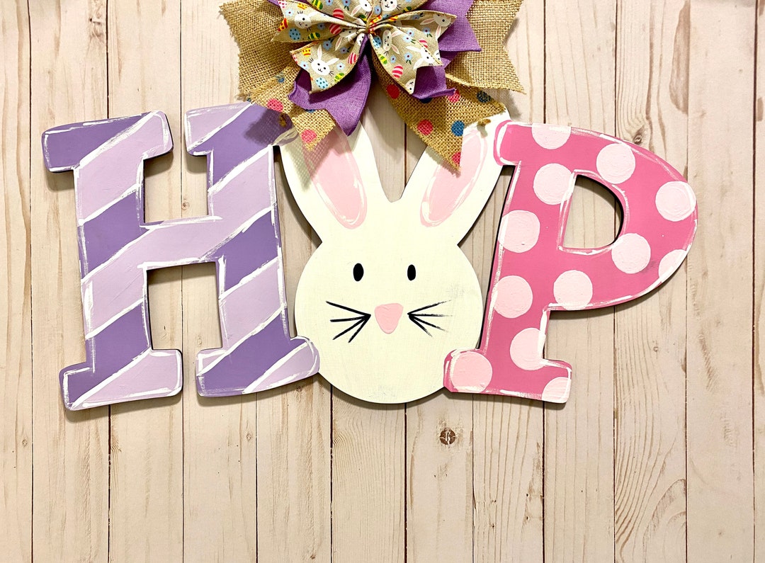 Hop Easter Bunny Spring Door Hanger, Welcome Wood Door Sign, Custom ...