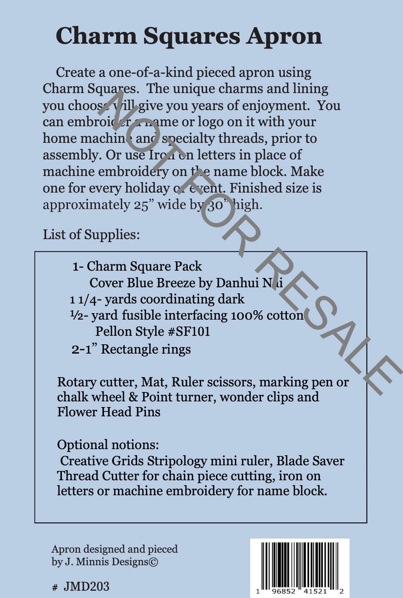 PDF Pattern for a Charm Square Apron by J. Minnis Designs. JMD203 Finished Size is Approximately ...
