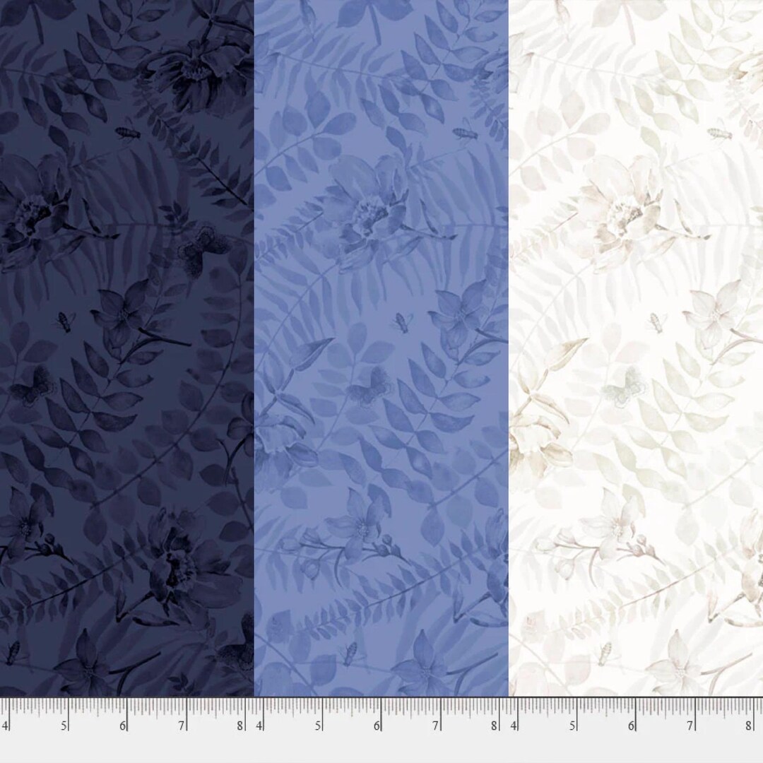 Indigo Song by Sandy Lynn Clough for P&B Textiles. Tonal Floral Navy ISON 5644N, Blue ISON 5644B ...
