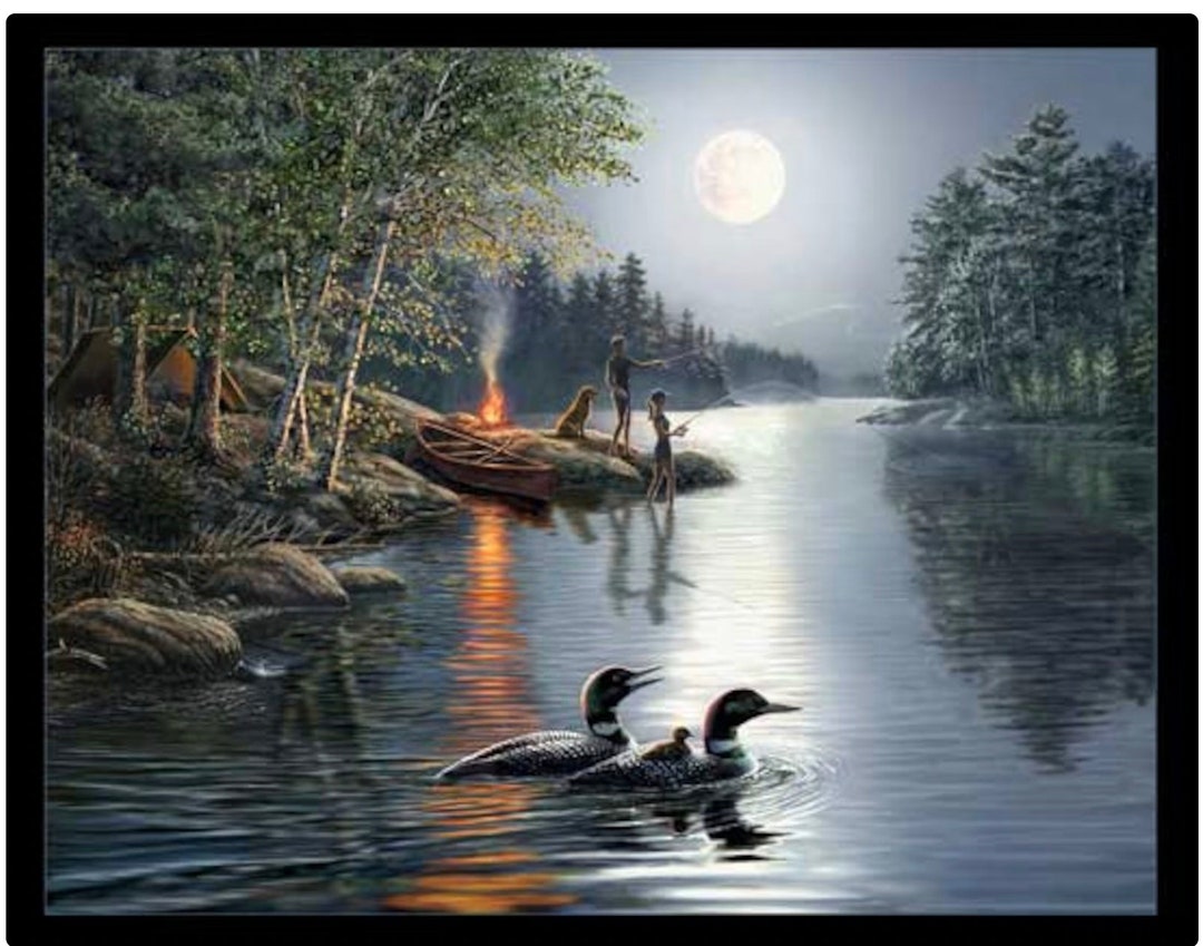 Anglers' Moon, Loons on the Lake Panel From Elizabeth's Studio 36'x 44 ...