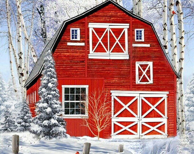 Timeless Treasures, Winter Red Barn Panel. Digitally Printed Panel ...
