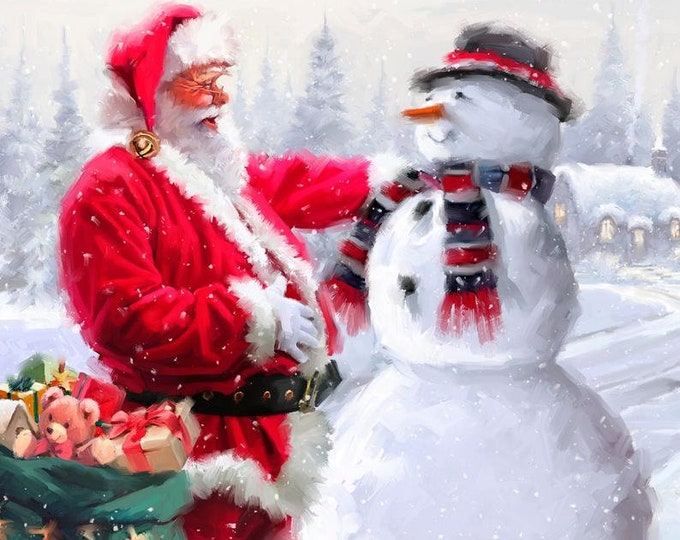 Christmas Panel Featuring a Wonderful Image of Santa and a Snowman by ...