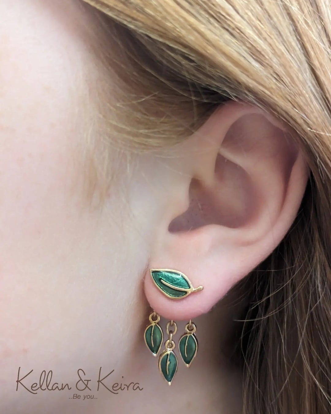 Chic Green Leaf Front Back Earrings - 3D Dangle Style in Gold or Silver ...