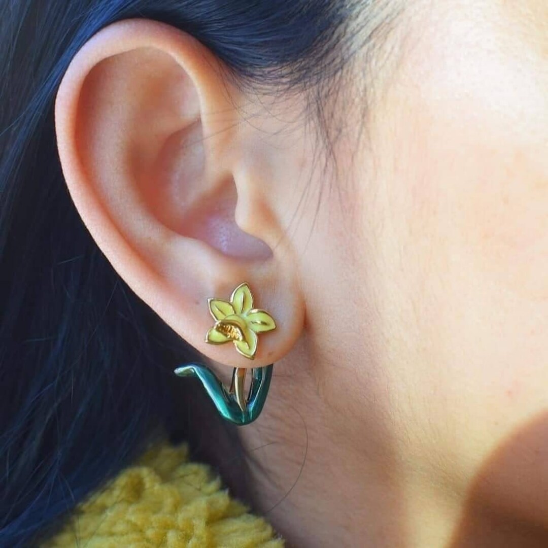 Daffodil Front-back Earrings, Hand-painted Floral Jewelry - Etsy