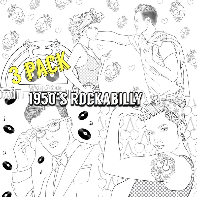 Vintage 1950s Rockabilly Adult Colouring Pages / Digital Stamp ...