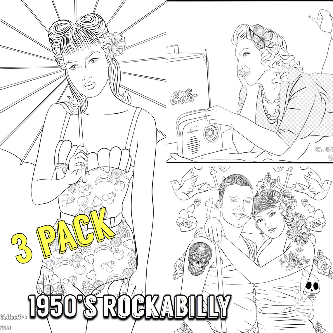Vintage 1950s Rockabilly Adult Colouring Pages / Digital Stamp ...