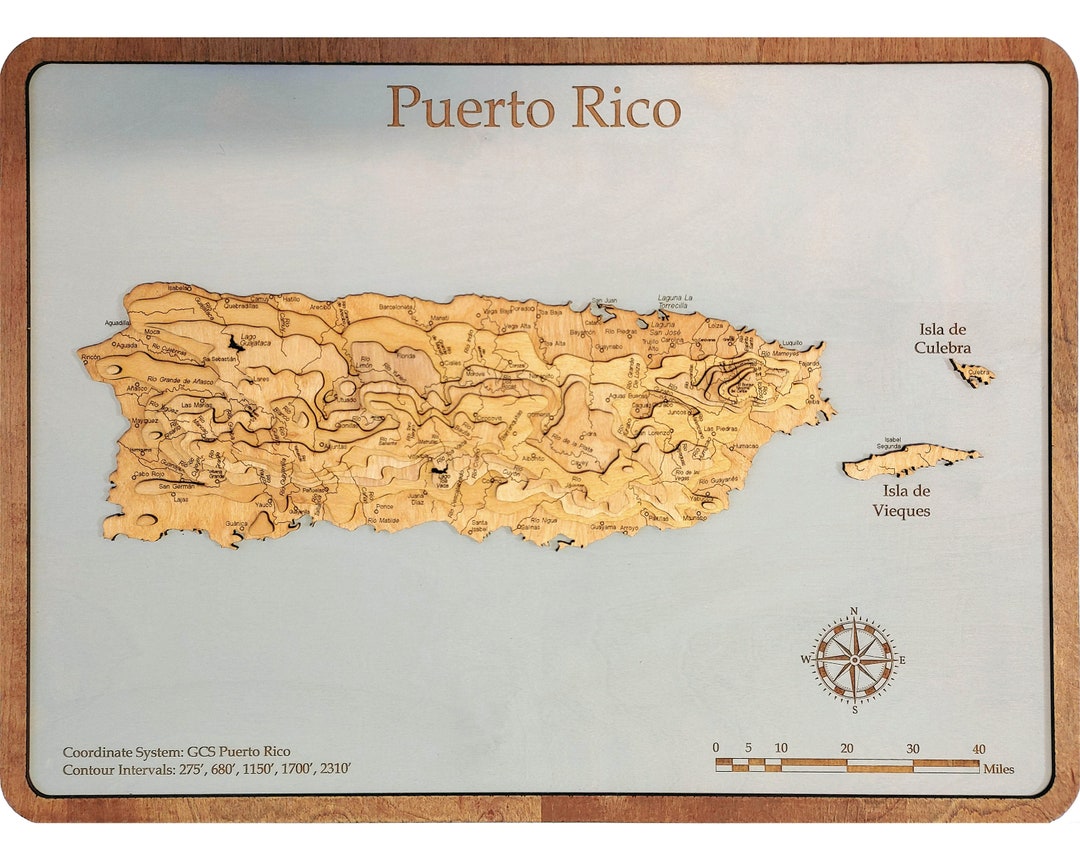 Puerto Rico Wood Engraved Map - Etsy