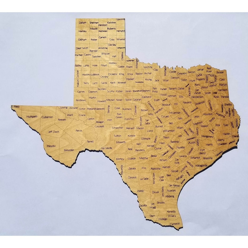 Texas State County Map Handmade Gift Wood Wall Art Map - Vintage Travel ...