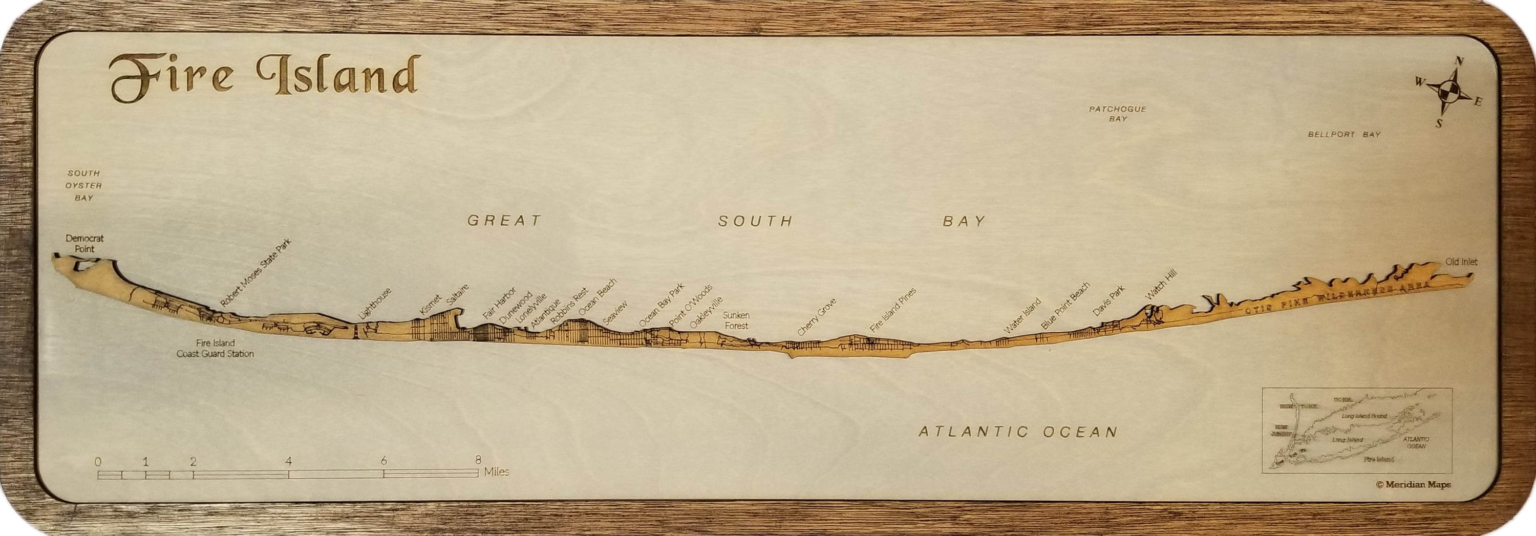 Fire Island Wood Engraved Map Handmade Gift Wood Wall Art - Vintage ...