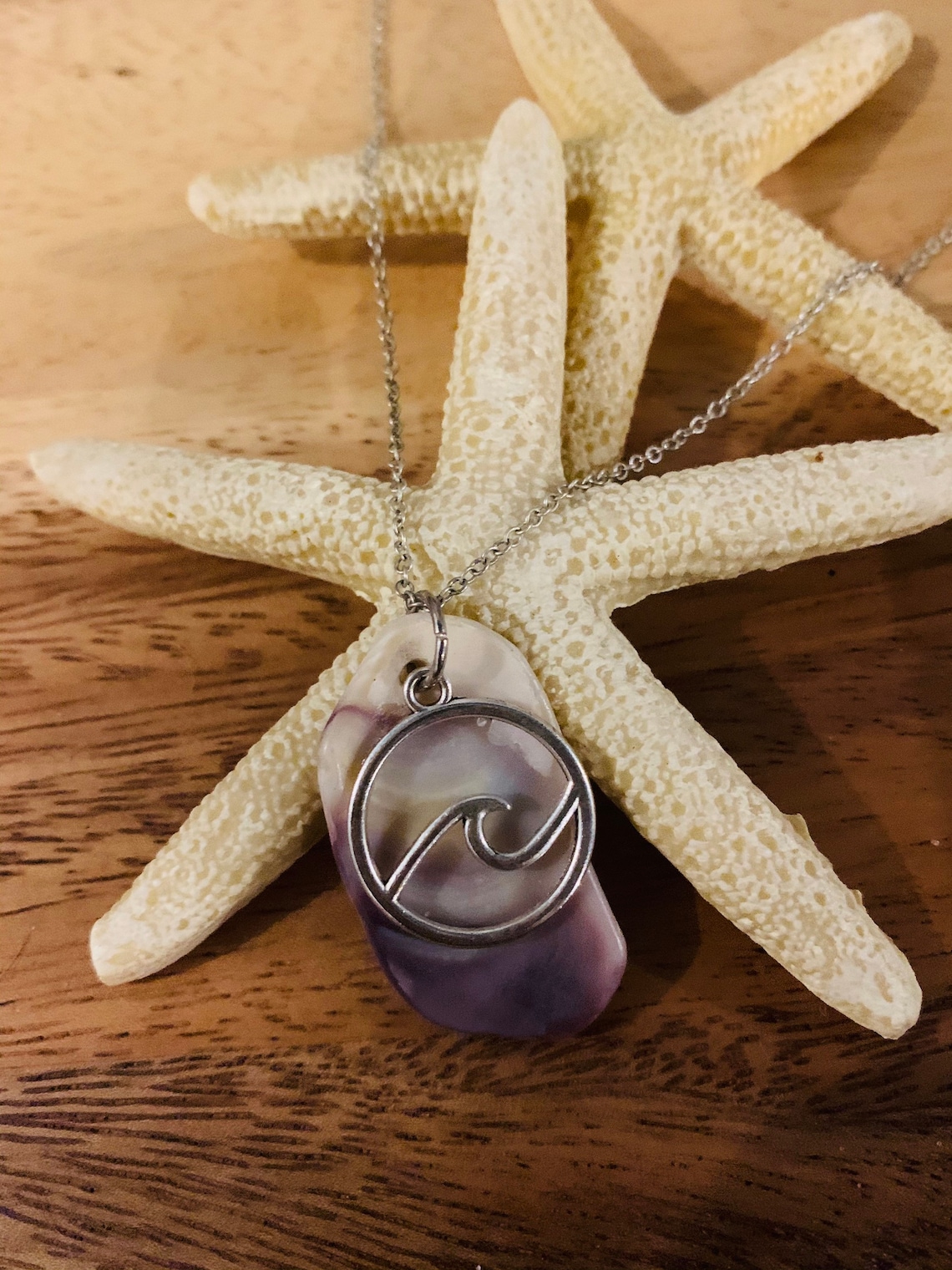Genuine Purple Wampum Shell Necklace With Wave Charm - Etsy Israel