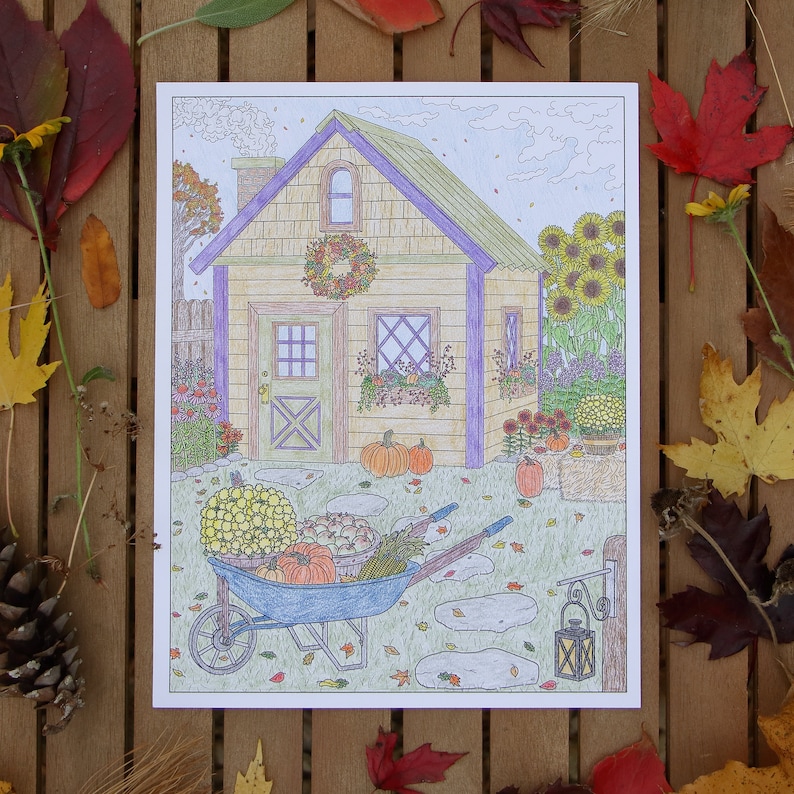 Autumn Cottage Printable Coloring Page - Etsy