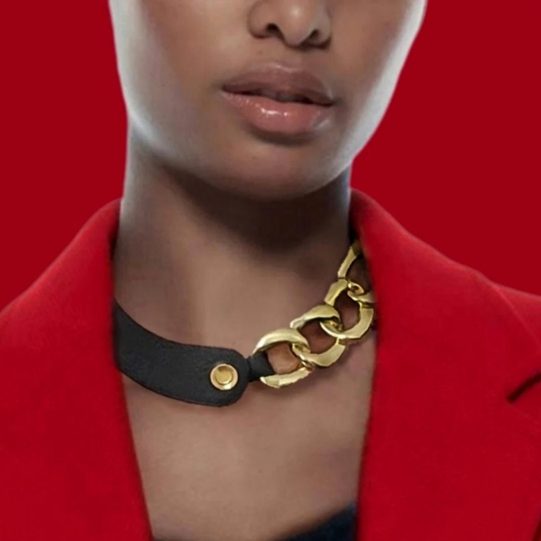 Wide Leather Choker W Chunky Chain/ Oversized Curb Chain Choker / Big ...