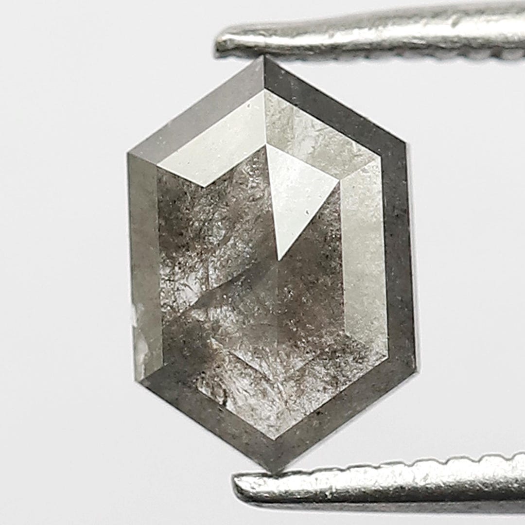1.12 CT Hexagon Salt and Pepper Diamond: Gray Black Engagement Ring ...