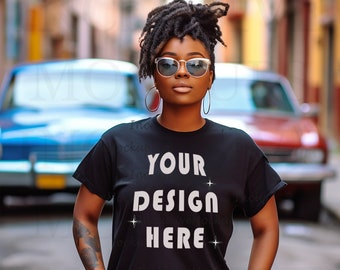 Black Model Mockup White Bella Canvas 3001 Mockup African American Lady ...