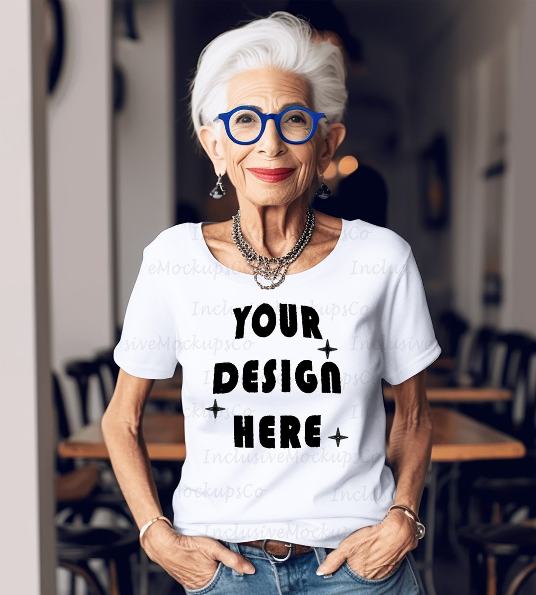 Senior Woman Mockup | White Tshirt Mockup | Iris Apfel Style Model ...