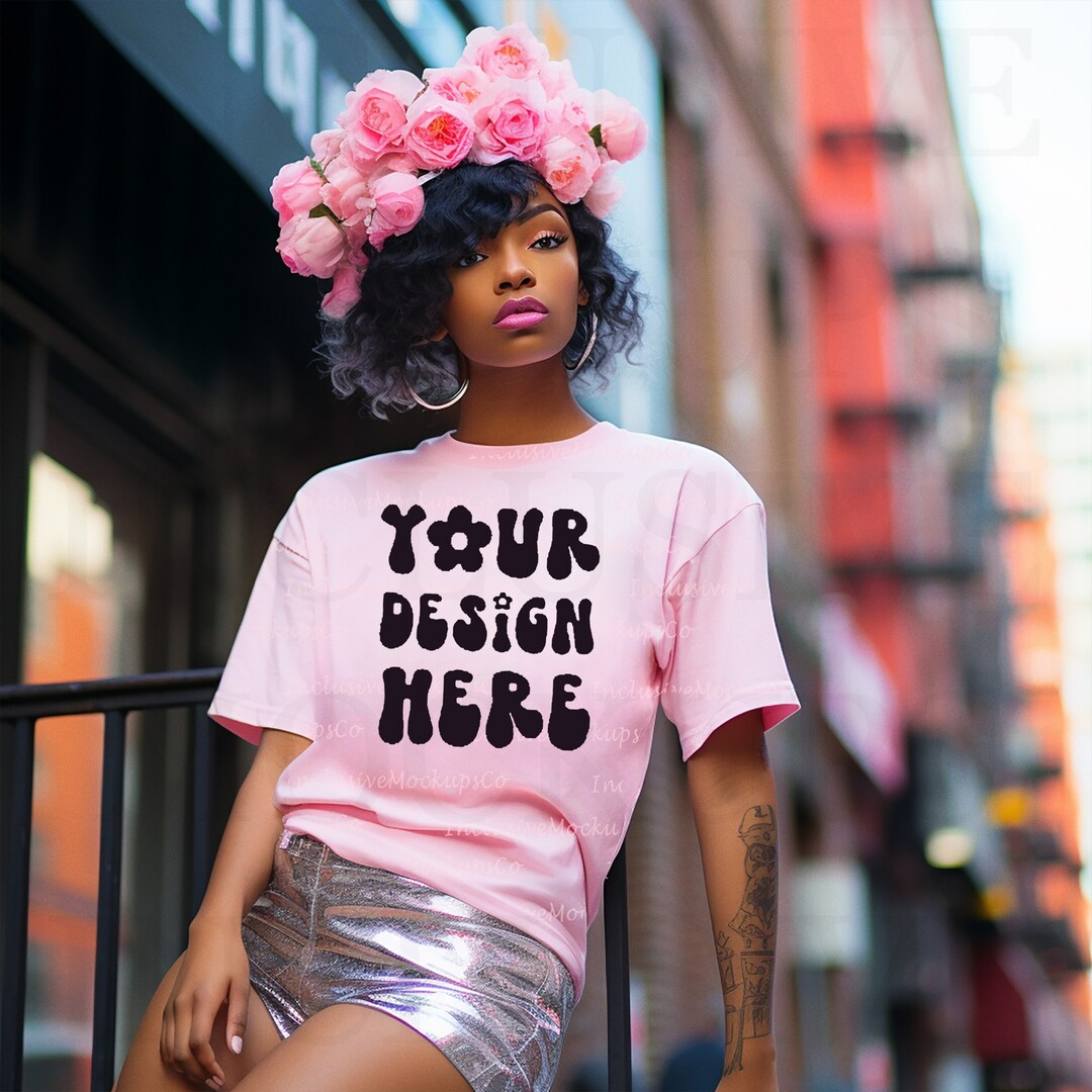 Black Model Mockup Pink Bella Canvas Shirt Mock up Soft Pink Blossom ...