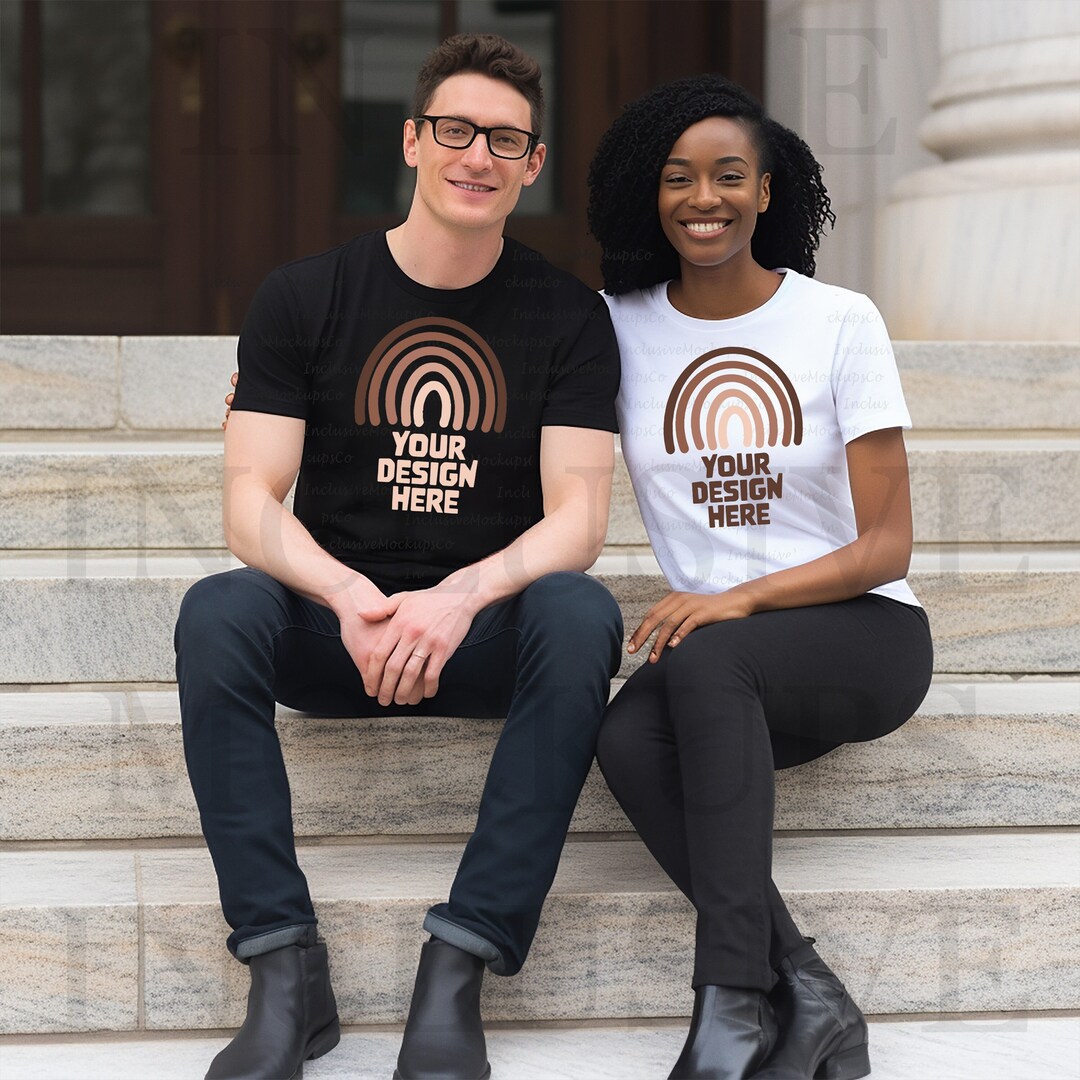 Black Couple Mockup Shirt Interracial Couple WM-BF Black Bella Canvas ...