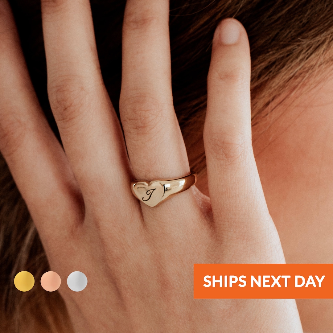Personalized Heart Signet Ring Heart Ring Engraved Ring Gold Heart Ring ...