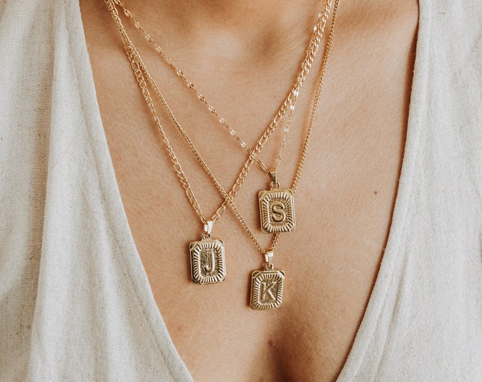 18K GOLD FILLED Initial Necklace, Square Initial Letter Necklace, Gold Rectangle Initial, Gold ...