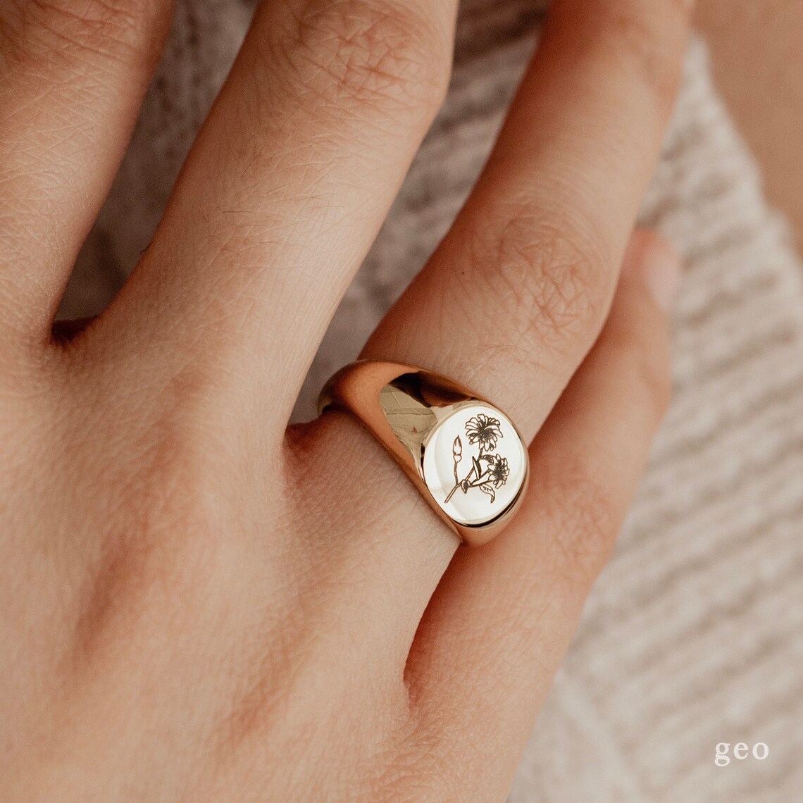 Personalized Birth Flower Ring Custom Engraved Ring Minimalist | Etsy