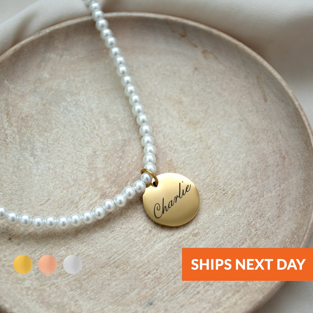 Name Coin Charm Pearl Necklace, Birthday Gift for Her, Personalized ...
