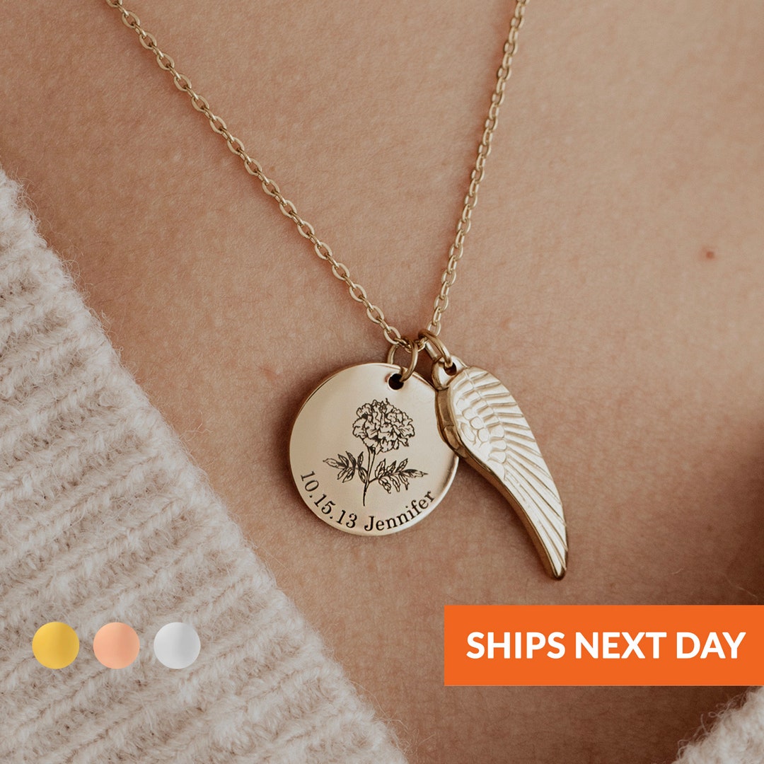 Personalized Memorial Necklace Birth Flower Necklace With Wing Memorial ...