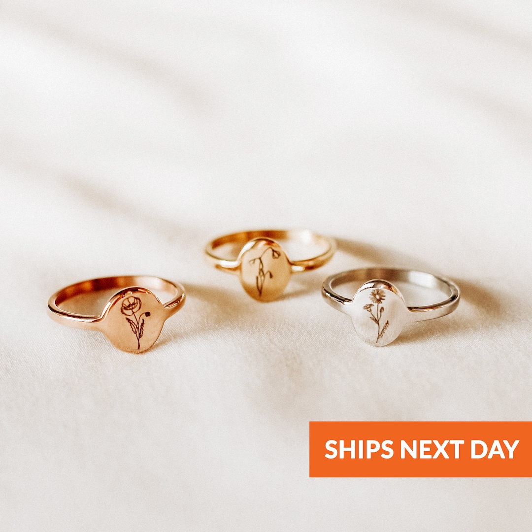 Birth Flower Ring Oval Signet Ring Friendship Matching Rings Best ...