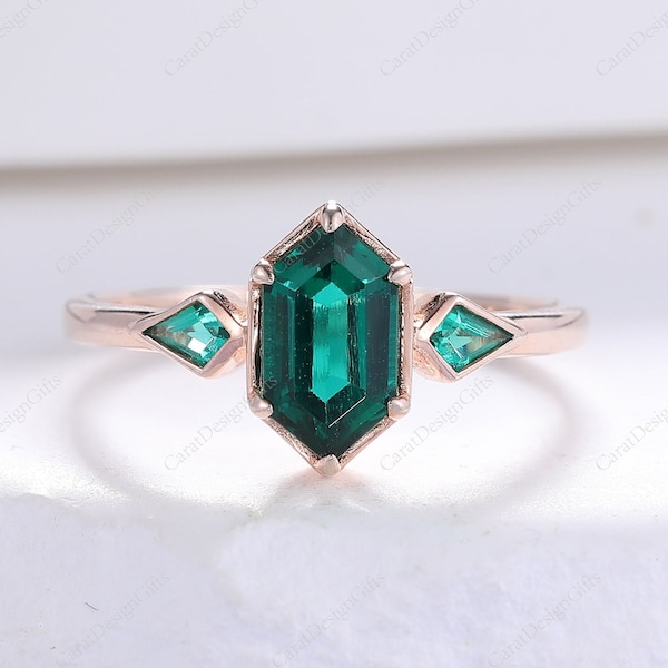 Long Hexagon Cut Emerald Engagement Ring - Etsy