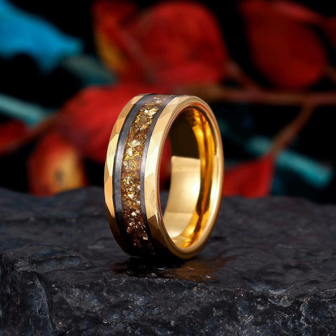 Crushed Citrine Mens Band, Mens Tungsten Gold Ring, Anniversary Ring ...