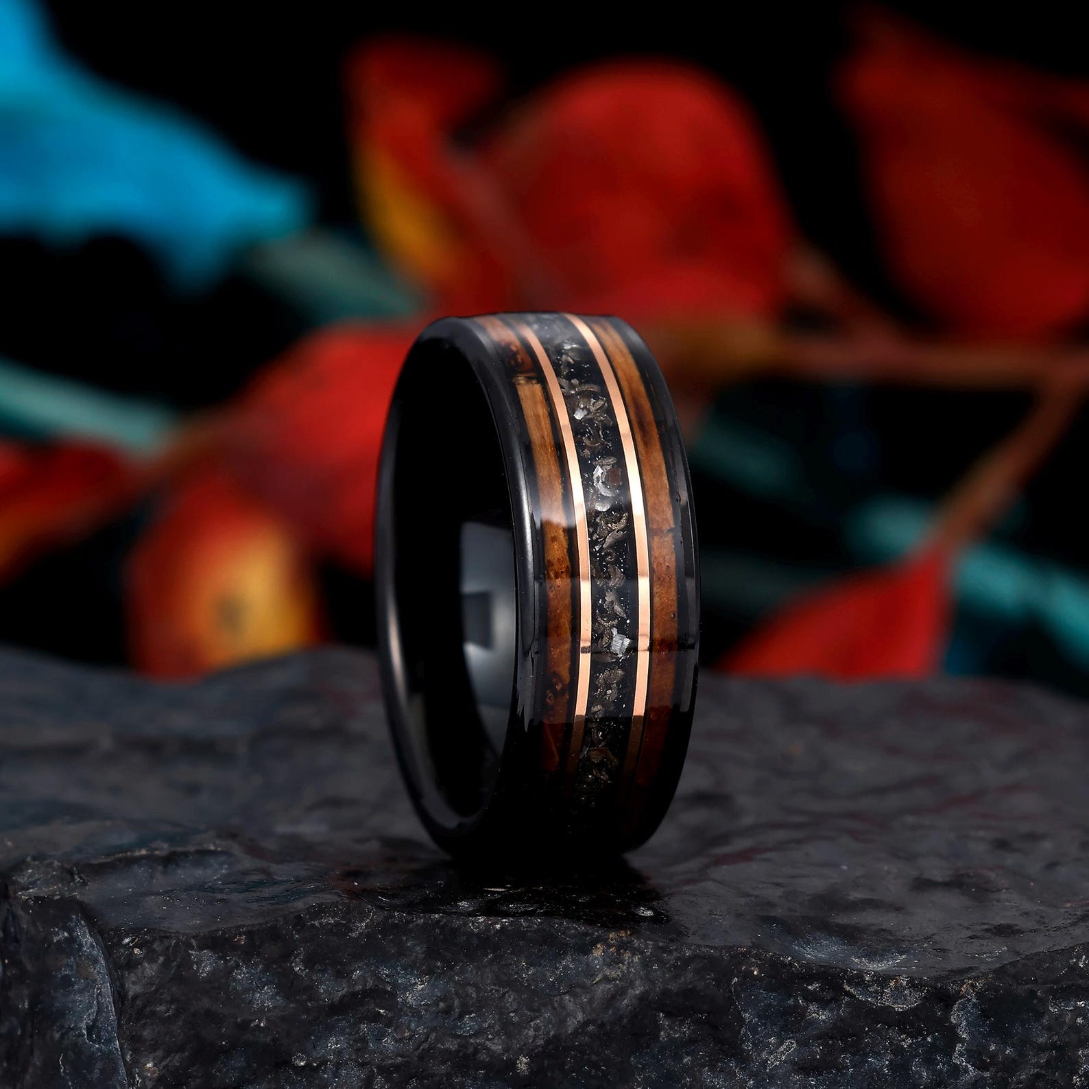 Meteorite & Charred Whiskey Barrel Ring, Black Tungsten Ring, Mens ...