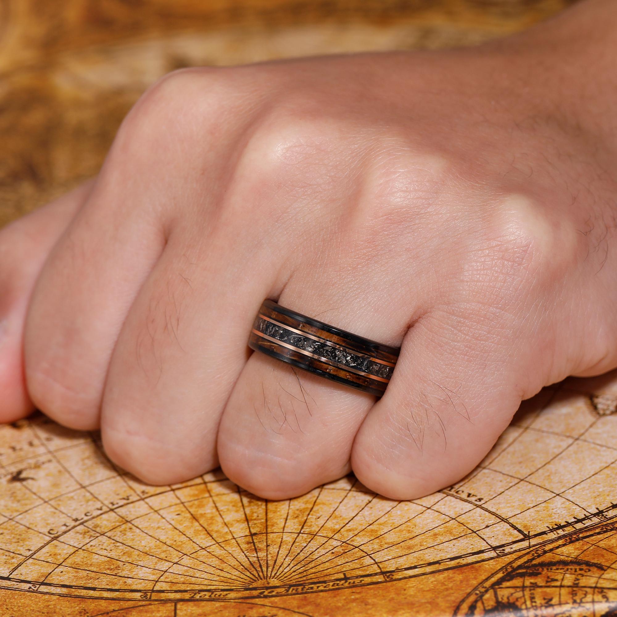 Meteorite & Charred Whiskey Barrel Ring, Black Tungsten Ring, Mens ...
