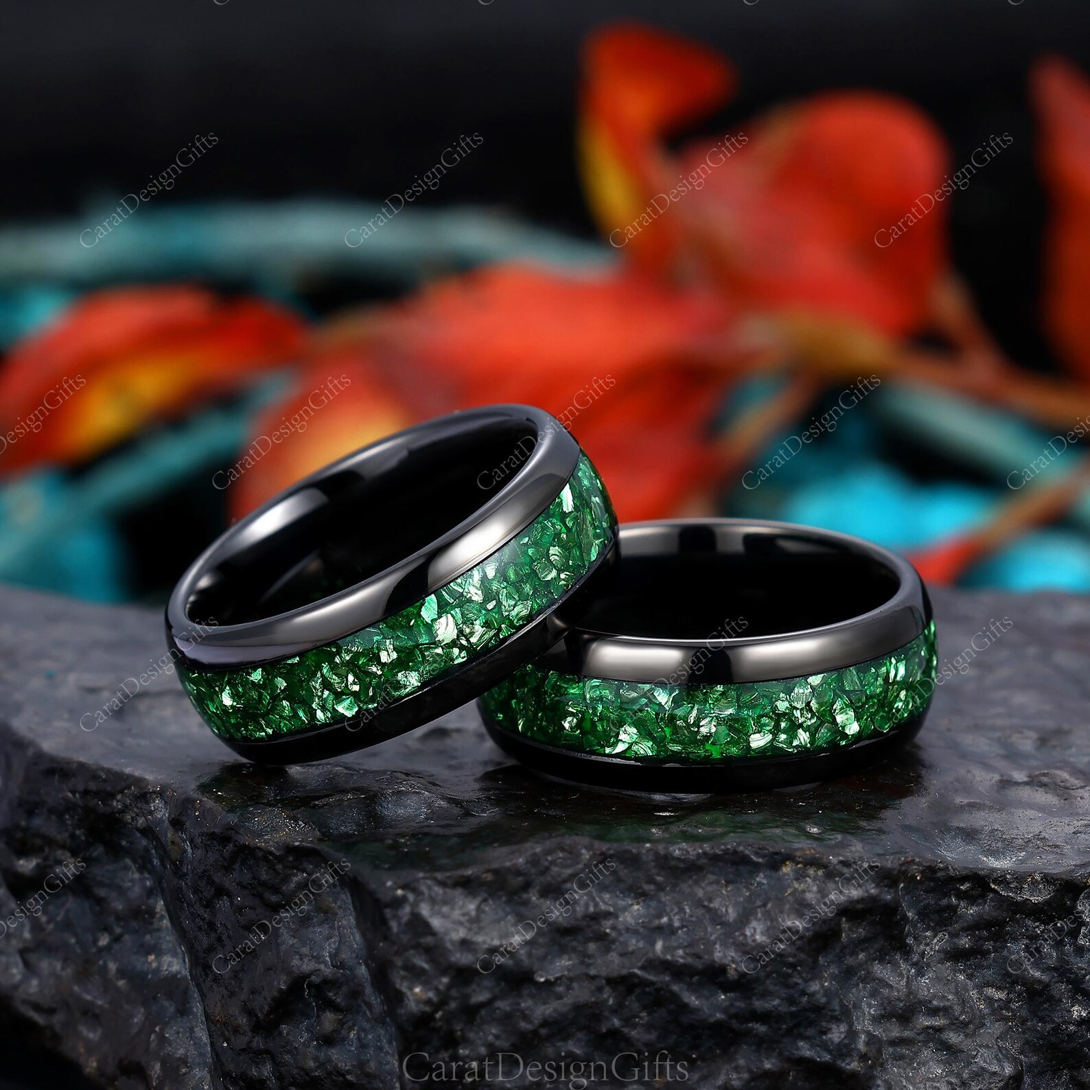 Crushed Emerald Mens Band, Black Tungsten Mens Ring, 8mm Ring for Men ...