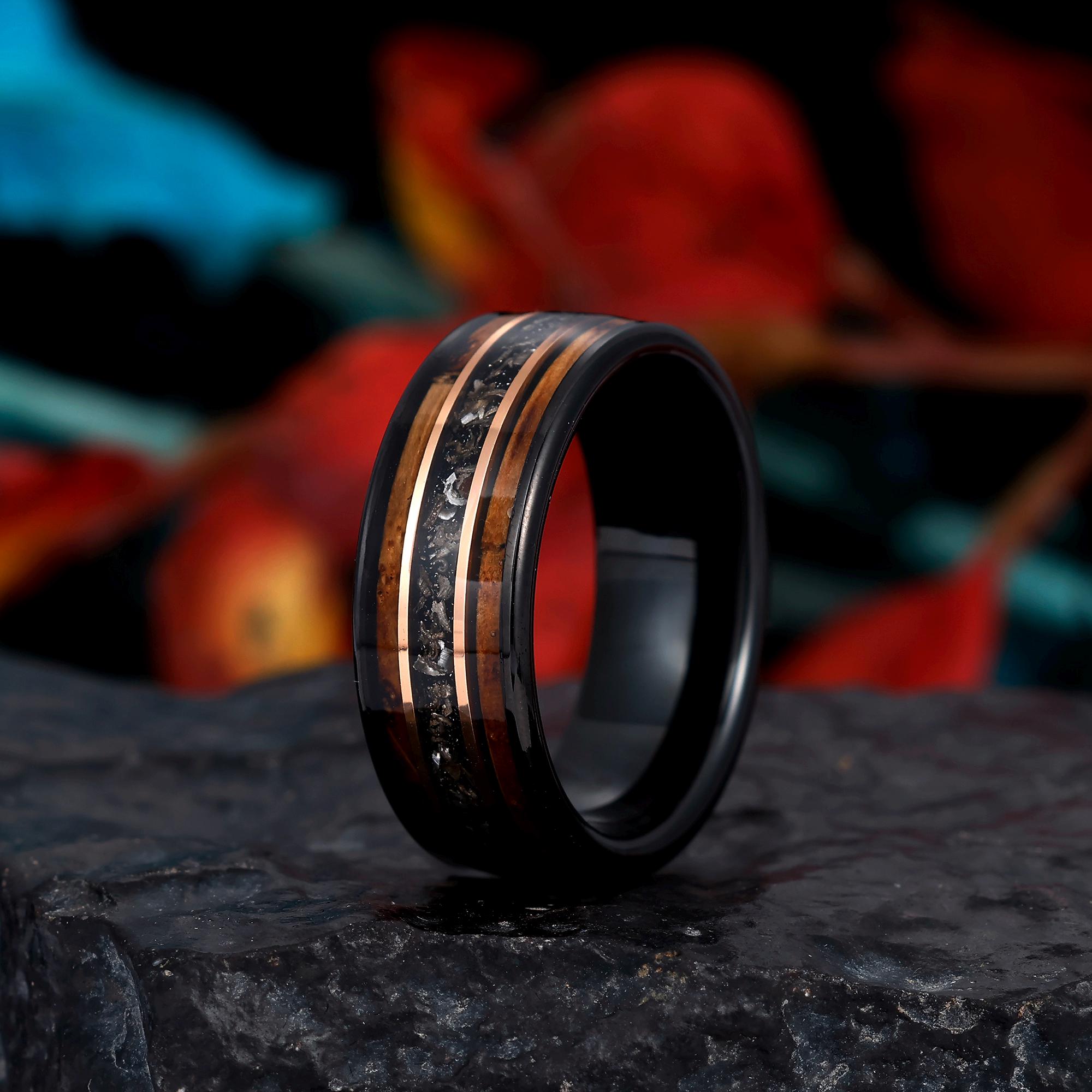 Meteorite & Charred Whiskey Barrel Ring, Black Tungsten Ring, Mens ...