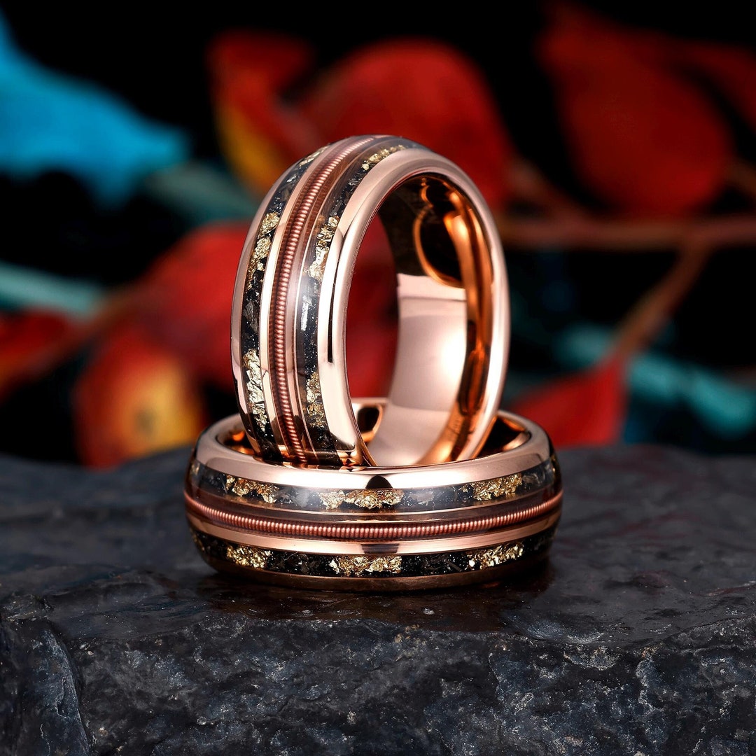 Meteorite With Gold Leaf Mens Wedding Ring Rose Gold Band,guitar String ...