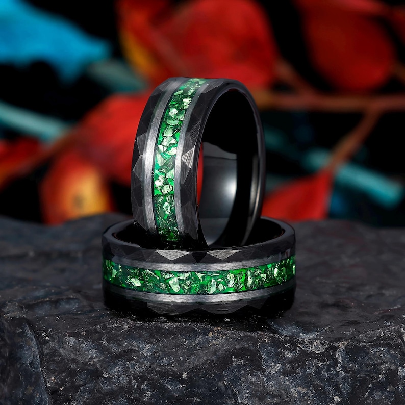 Crushed Emerald Mens Ring, Hammered Black Tungsten Ring, Mens Wedding ...