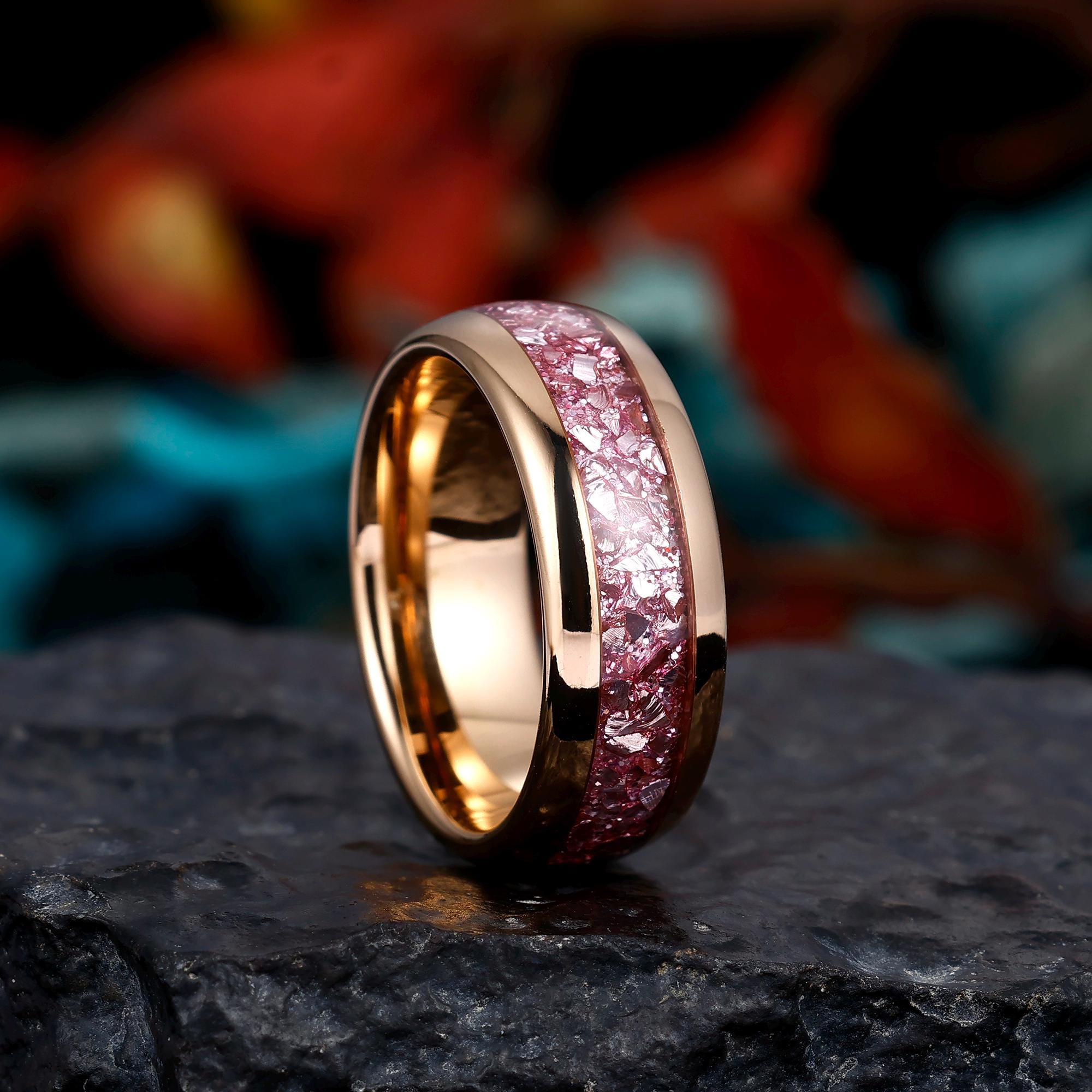 Pink Sapphire Tungsten Ring, Mens Wedding Band, Rose Gold Wedding Ring ...
