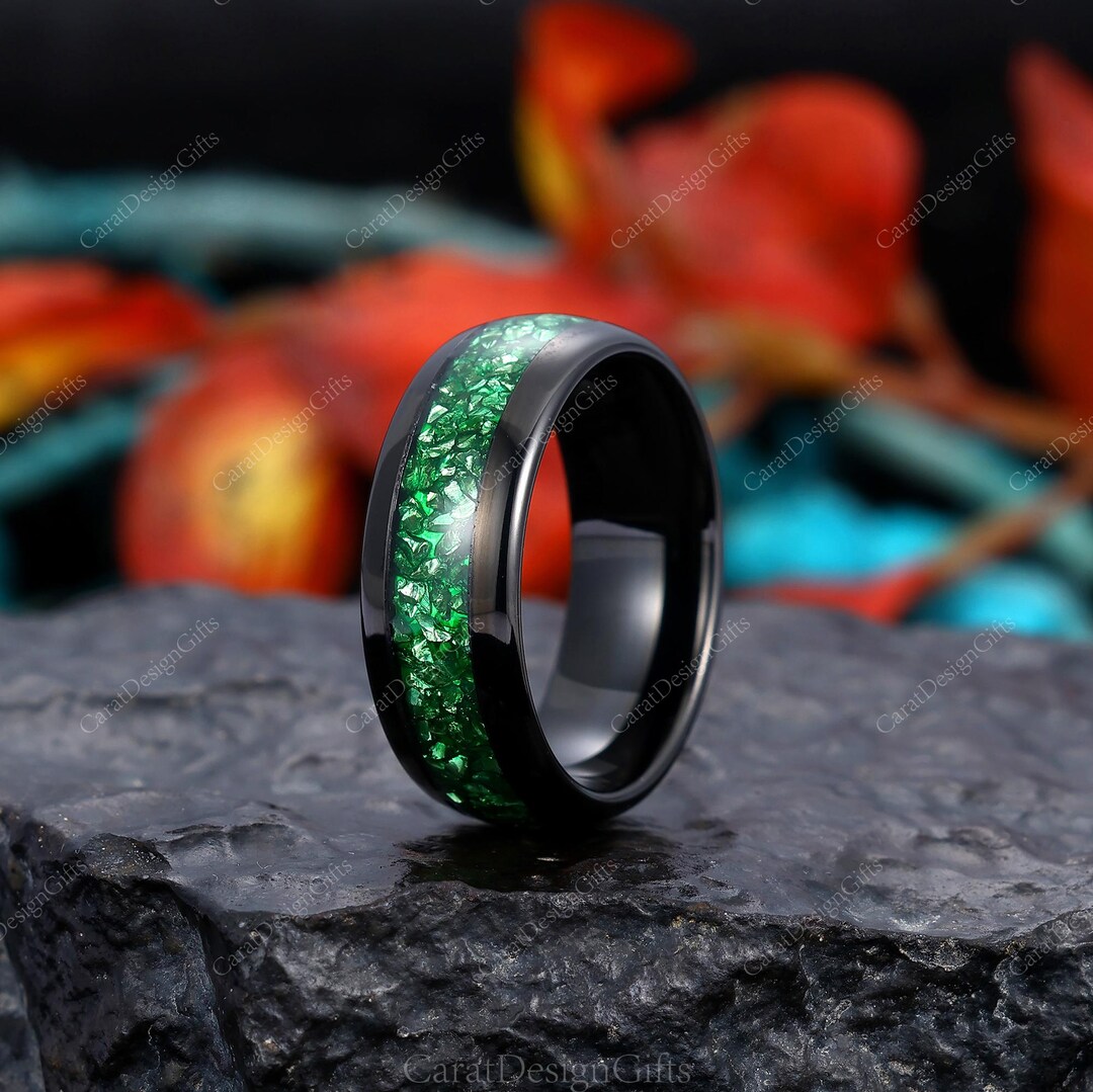 Crushed Emerald Mens Band, Black Tungsten Mens Ring, 8mm Ring for Men ...