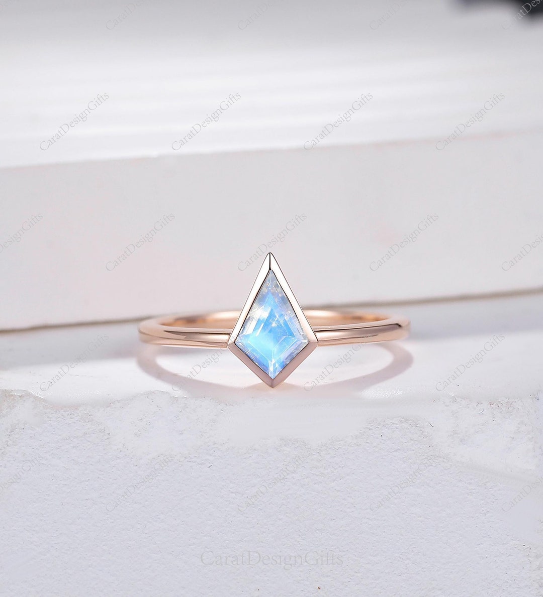 Bezel Set Ring,kite Cut 6x9mm Rainbow Moonstone Promise Ring,wedding ...